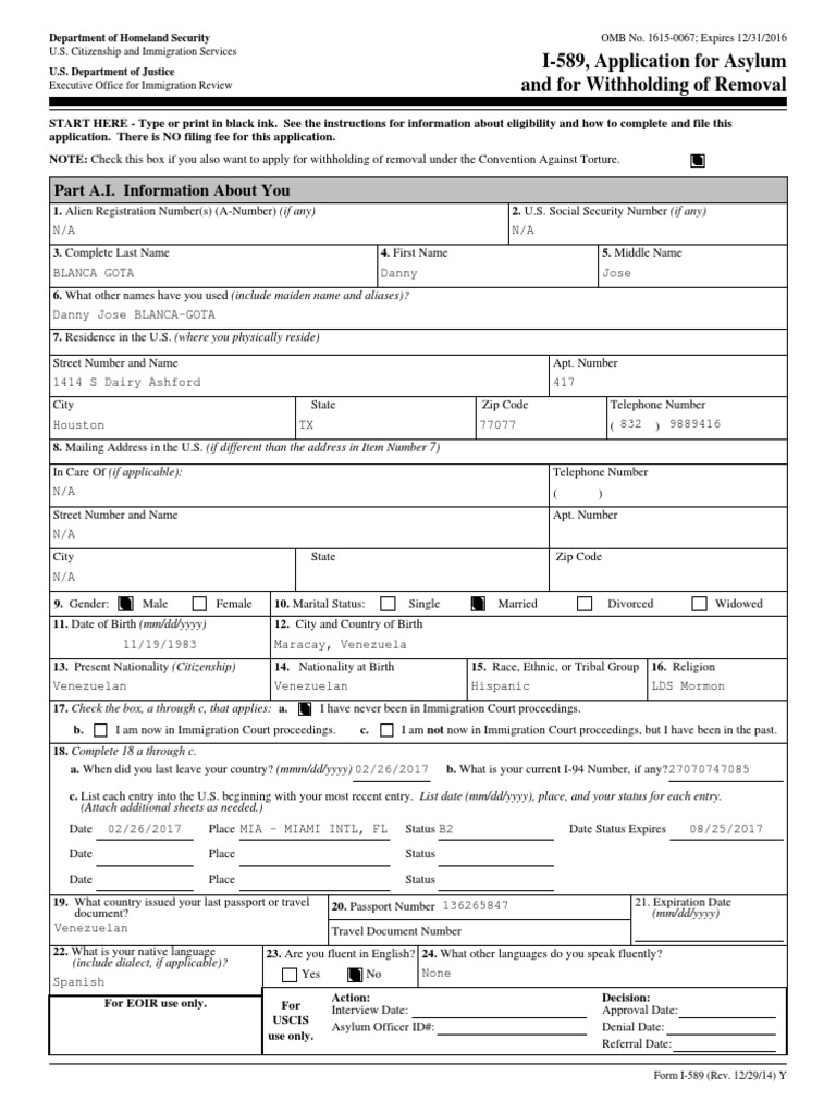 I-589 Application for Asylum & Removal | PDF | Asylum In The United ...