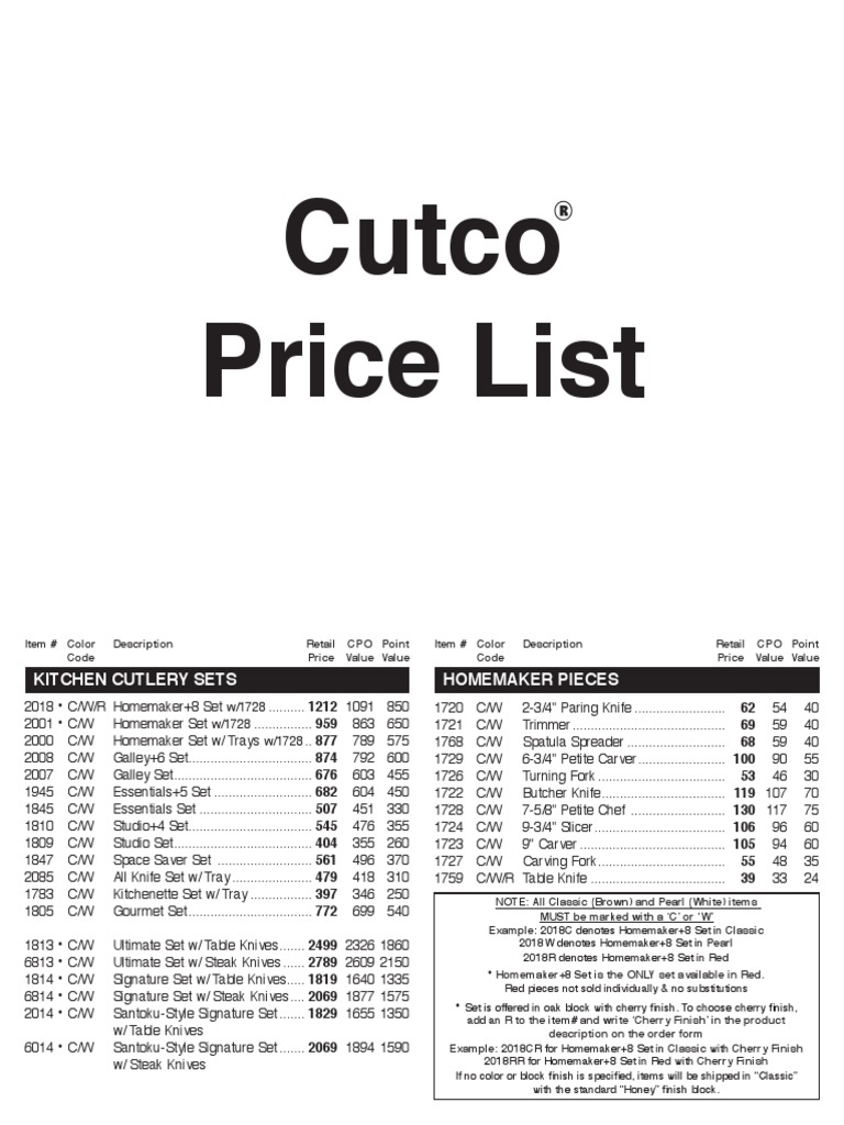 Cutco Price List 8-19-15 | Payments | Cheque | Free 30-day Trial | Scribd