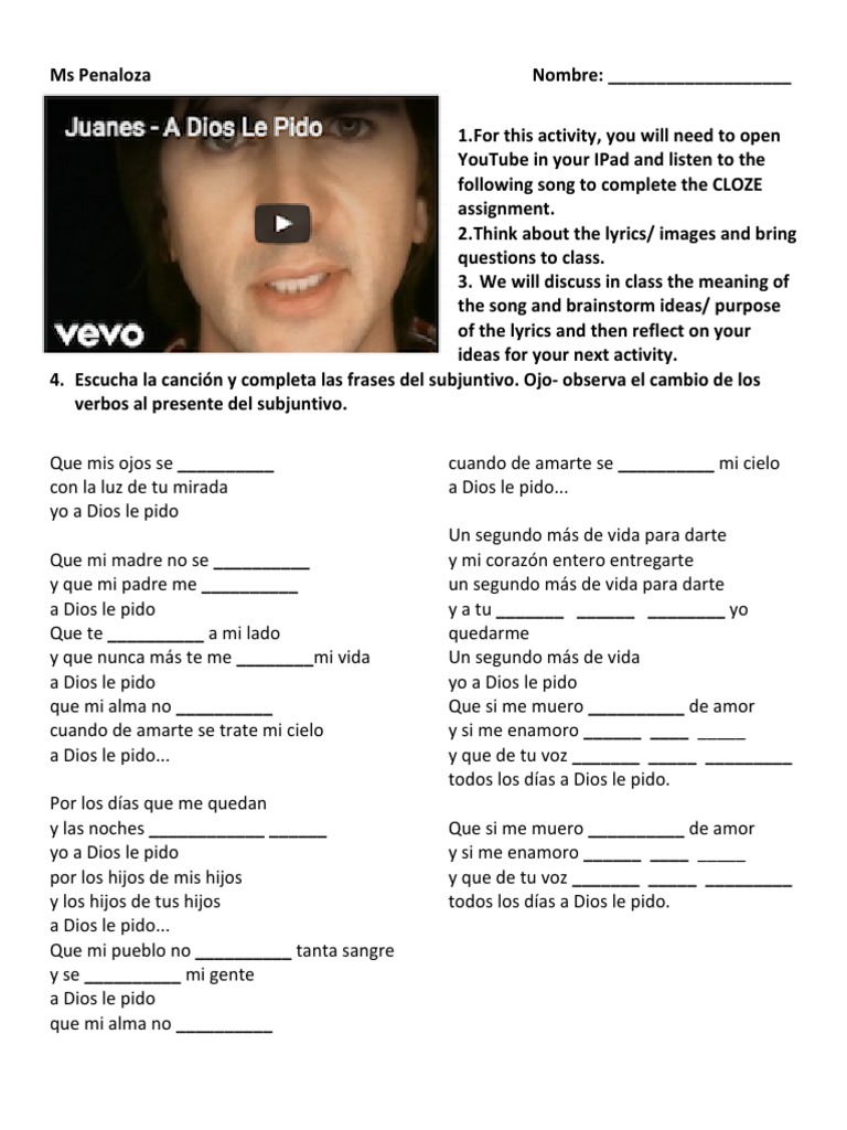 Cloze Activity-Song - A Dios Le Pido-Edsc304 | PDF | Spanish Language ...