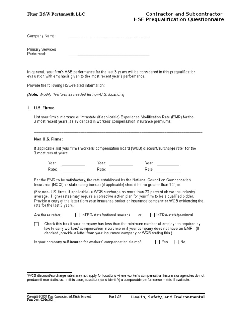 D&D Pre-Qualification Questionaire Part III | PDF | Occupational Safety ...