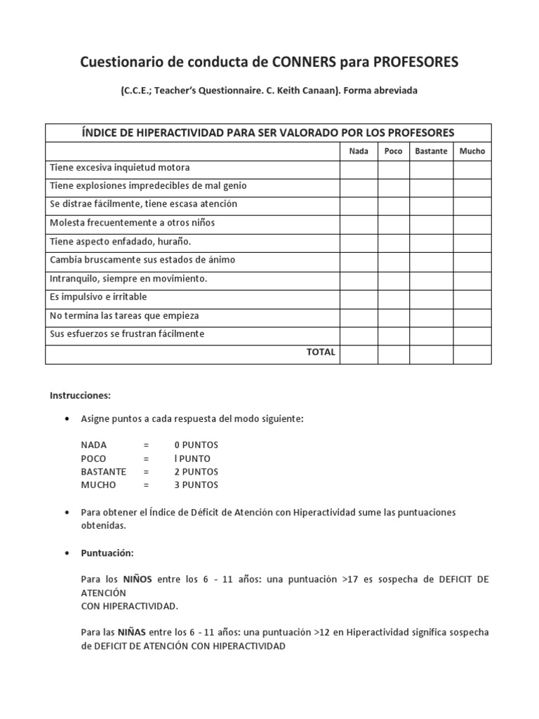 Cuestionario de Conducta de CONNERS para PROFESORES | PDF