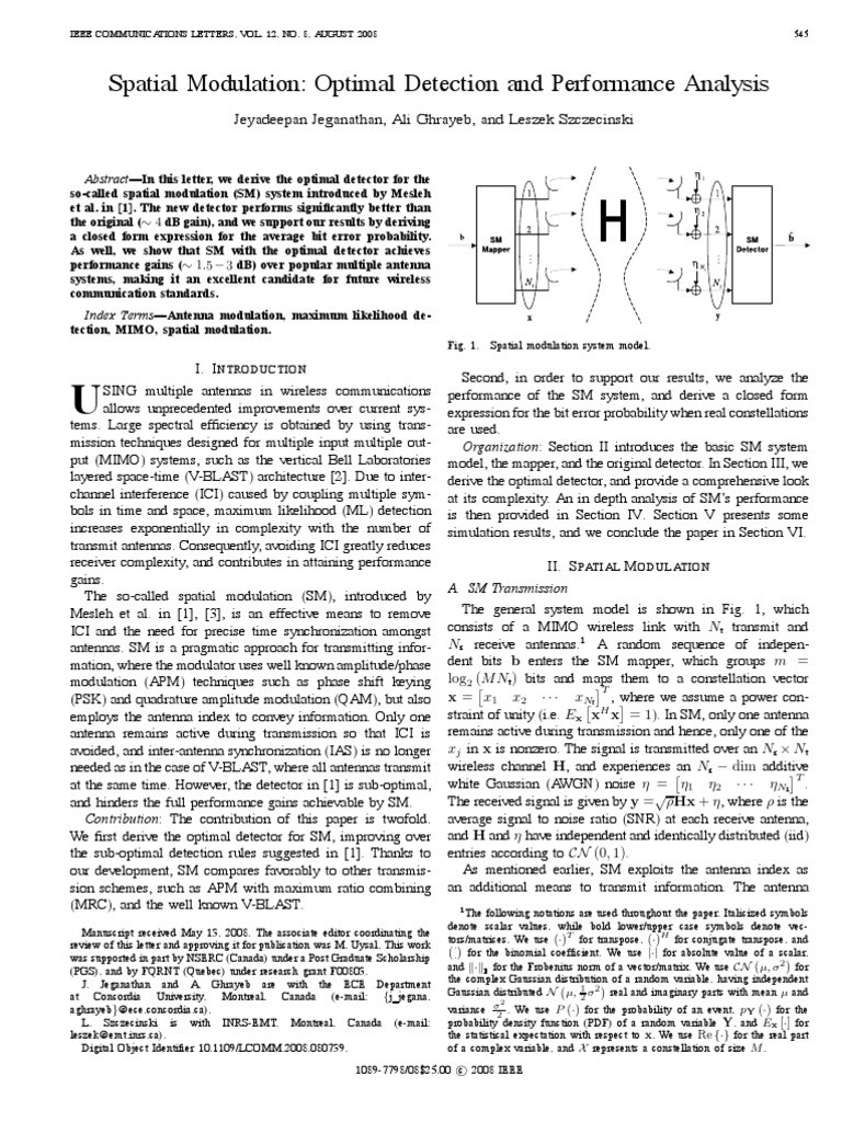 Spatial Modulation Optimal Detection And Performance Analysis