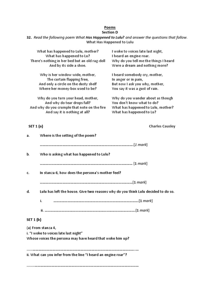 Poems Section D 32. Read The Following Poem What Has Happened To Lulu ...