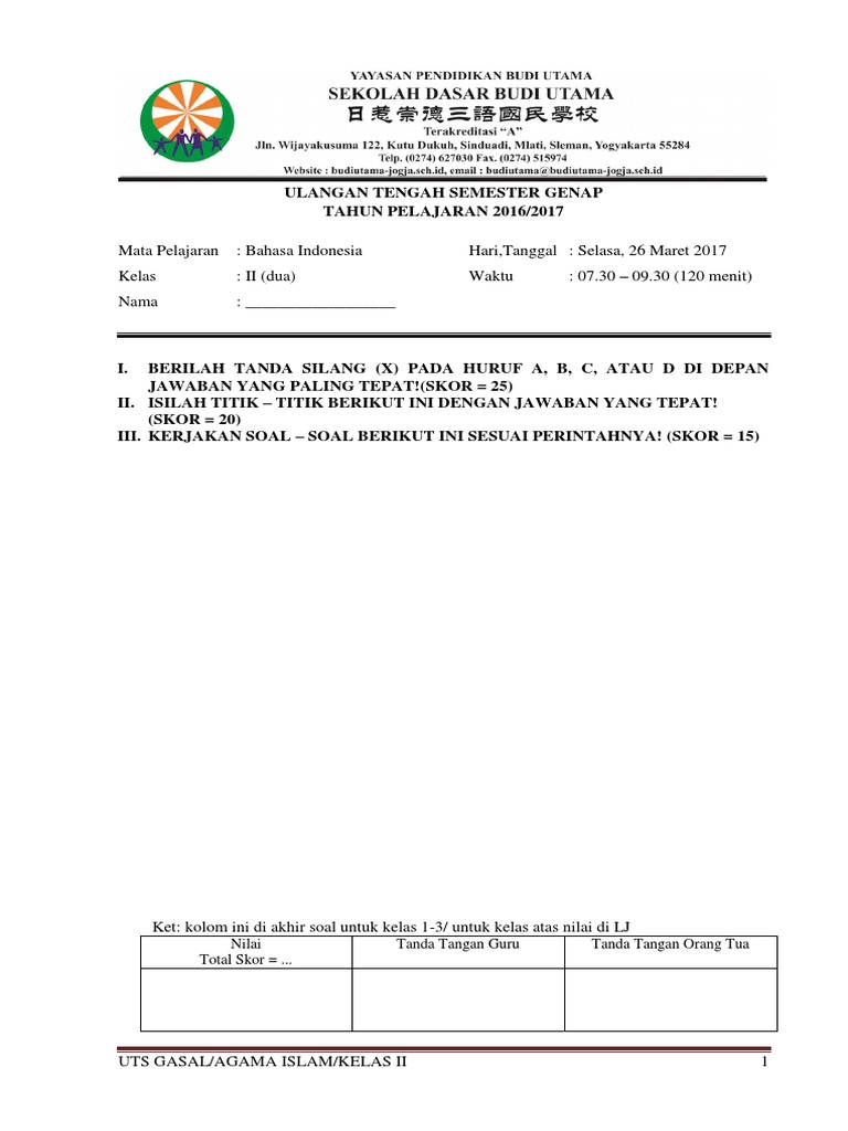 Contoh Kop Ujian Tengah Semester SD | PDF