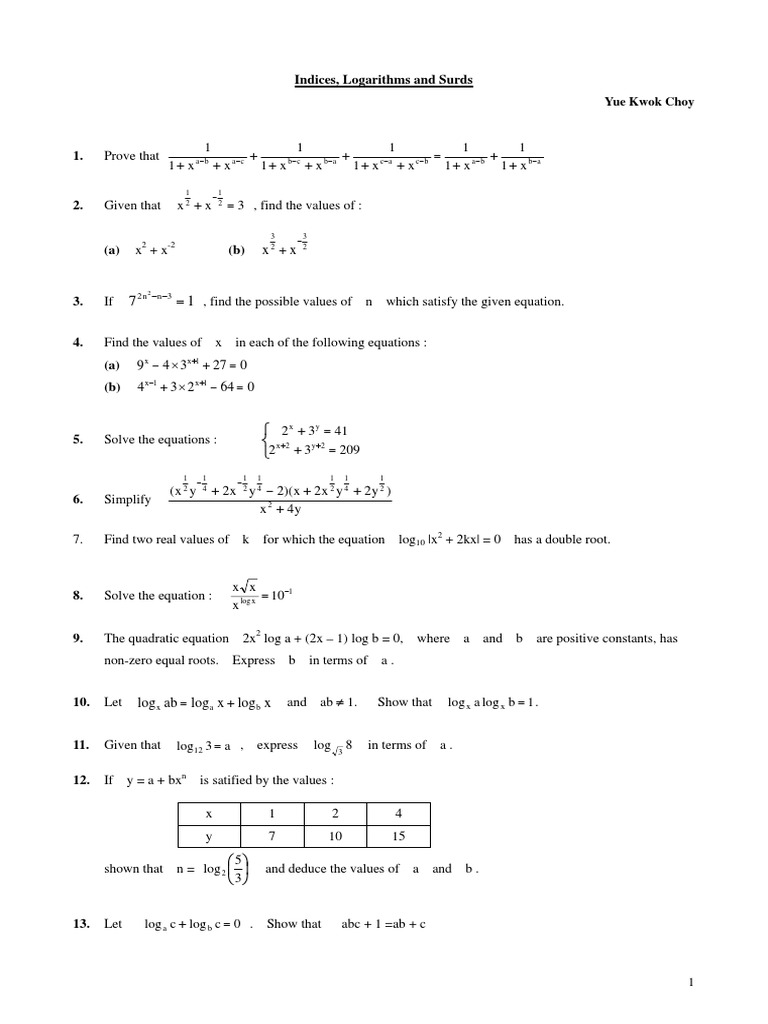 Indices Logarithms Surds Pdf Logarithm Functions And Mappings