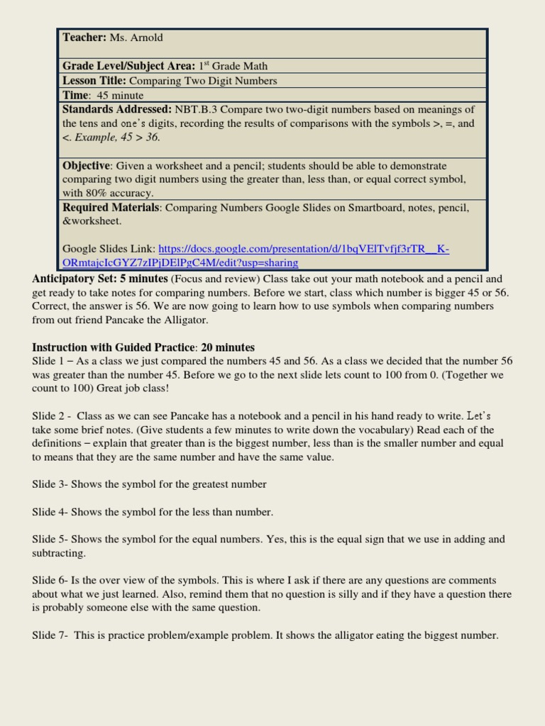 Comparing Numbers Lesson Plan | PDF | Lesson Plan | Cognitive Science