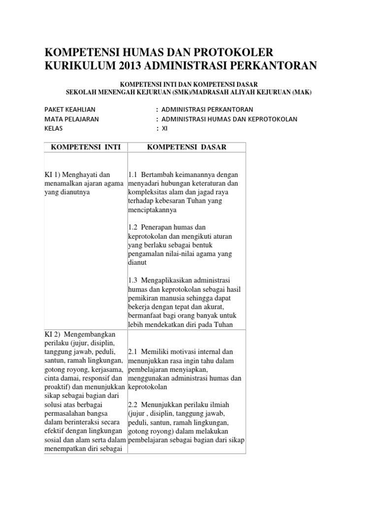 Kompetensi Humas Dan Protokoler Kurikulum 2013 Administrasi | PDF