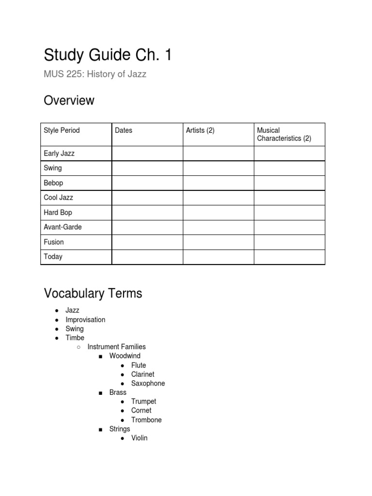 Study Guide Ch. 1: MUS 225: History of Jazz | PDF