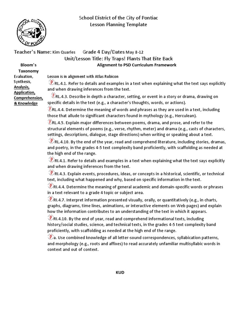 Kud Lesson Plan Fly Traps Plants That Bite Back-1 | PDF | Reading ...