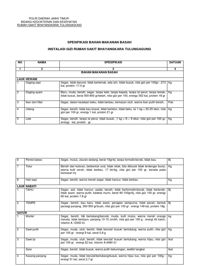 Spesifikasi Bahan Makanan Basah | PDF | Memasak, Makanan, & Anggur
