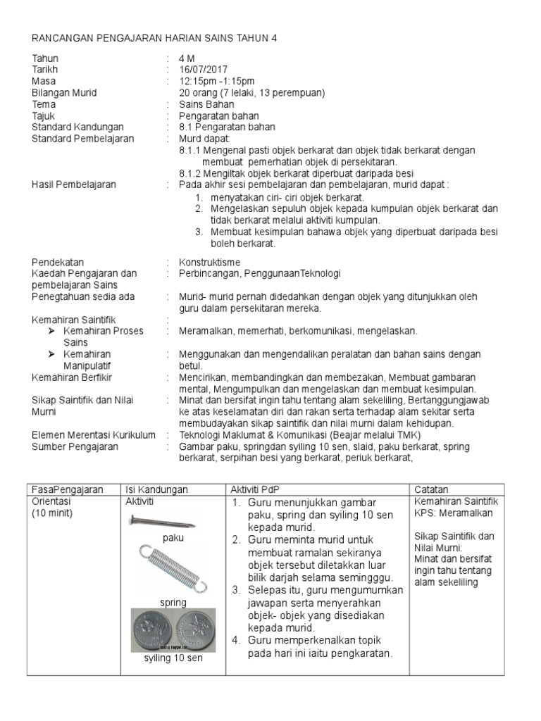 RPH Pengaratan Bahan Tahun 4 | PDF