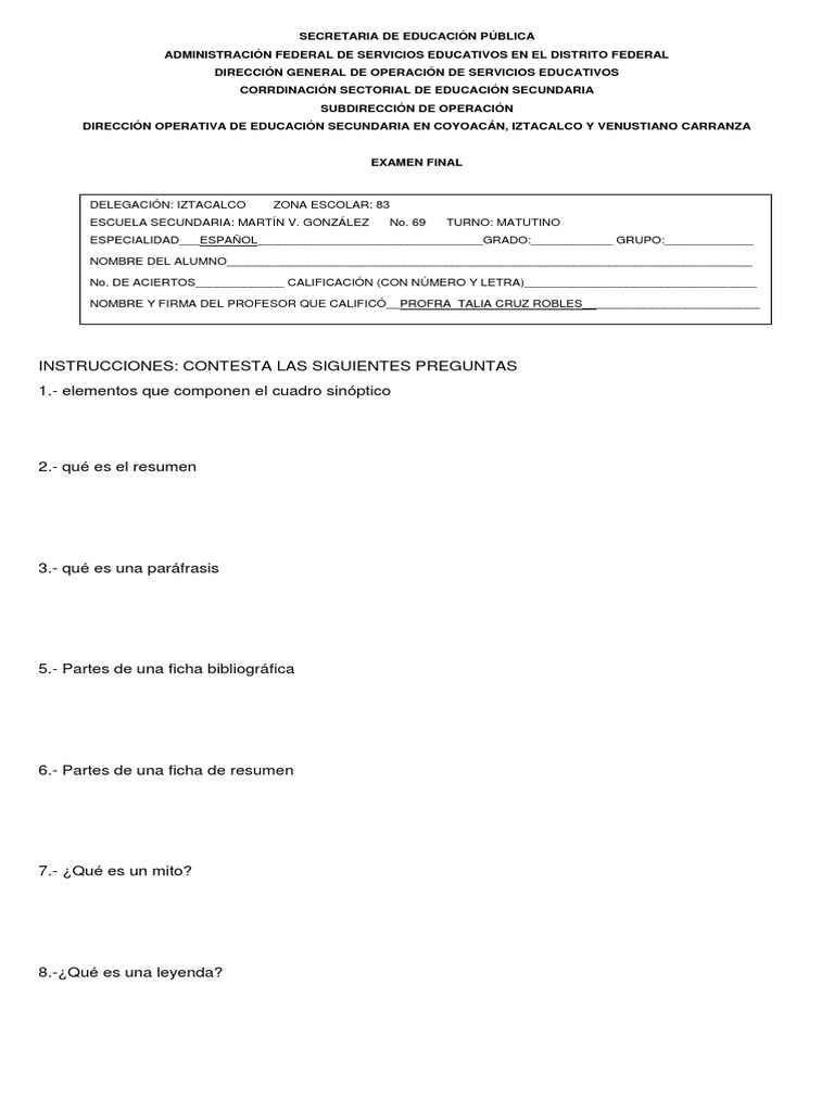 Examen Final de Español Secundaria 69 | PDF | Educación Secundaria