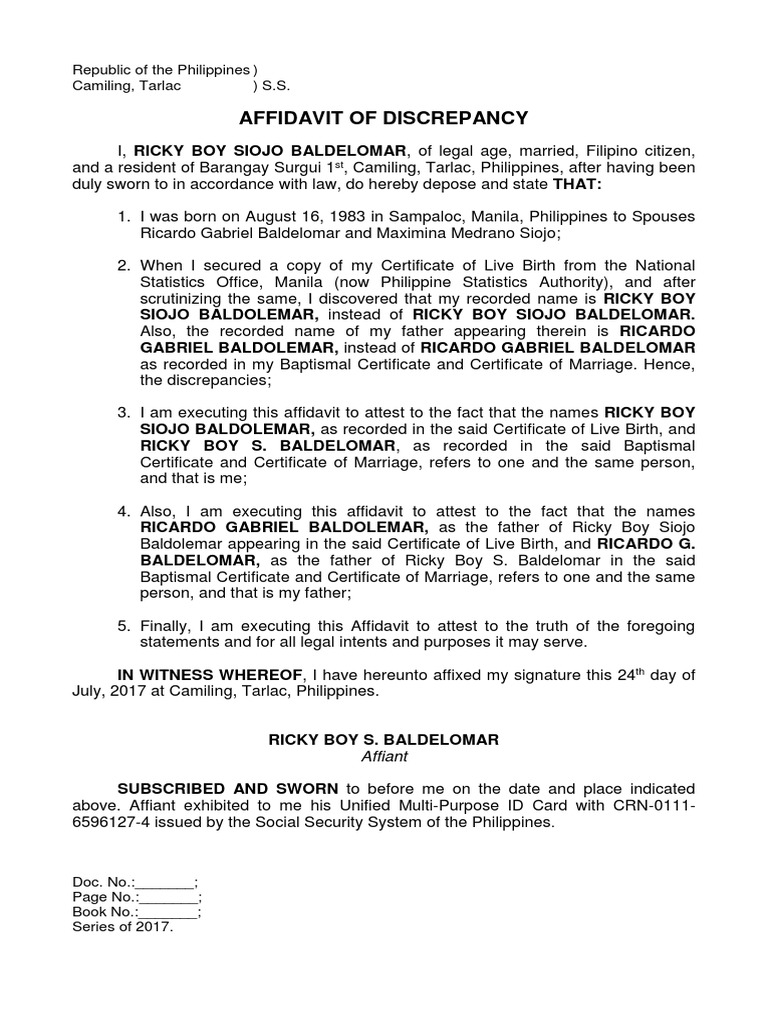 Affidavit of Discrepancy - Baldelomar (Name and Father's Name) | PDF ...