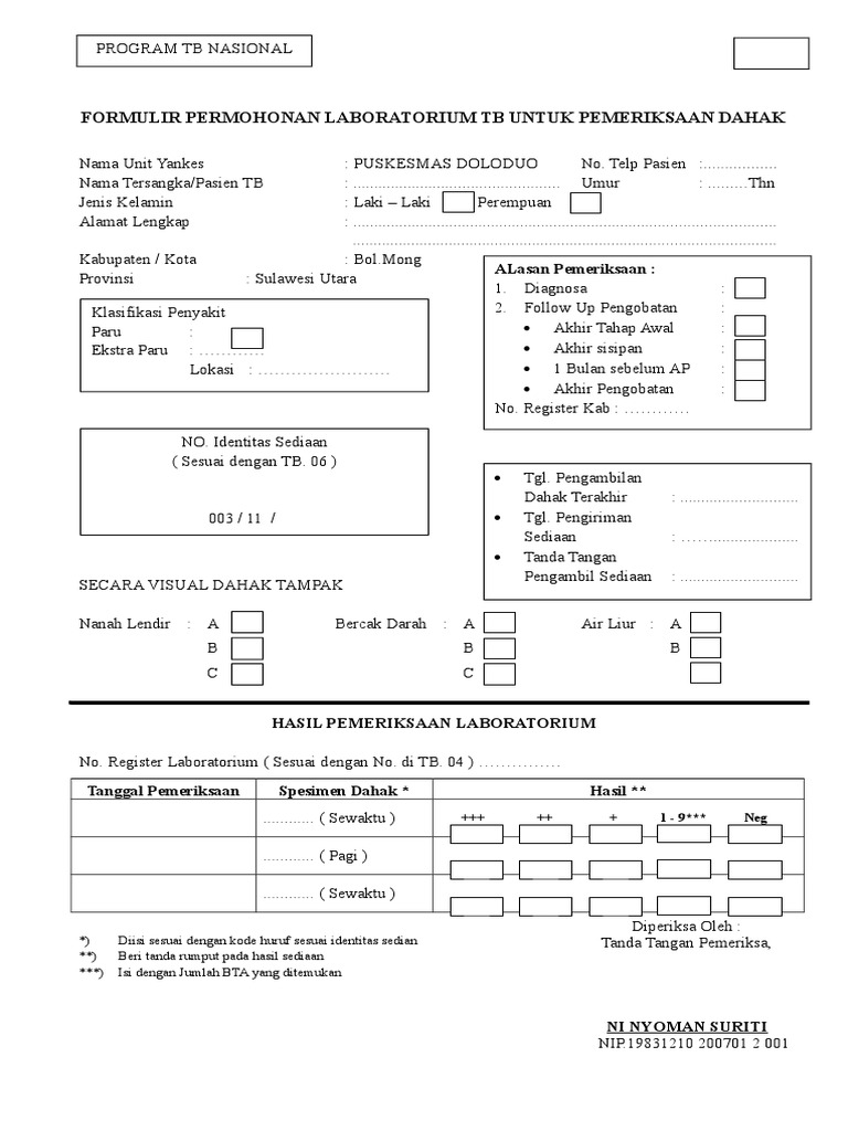 Formulir Permohonan Laboratorium TB Untuk Pemeriksaan Dahak Imandi | PDF