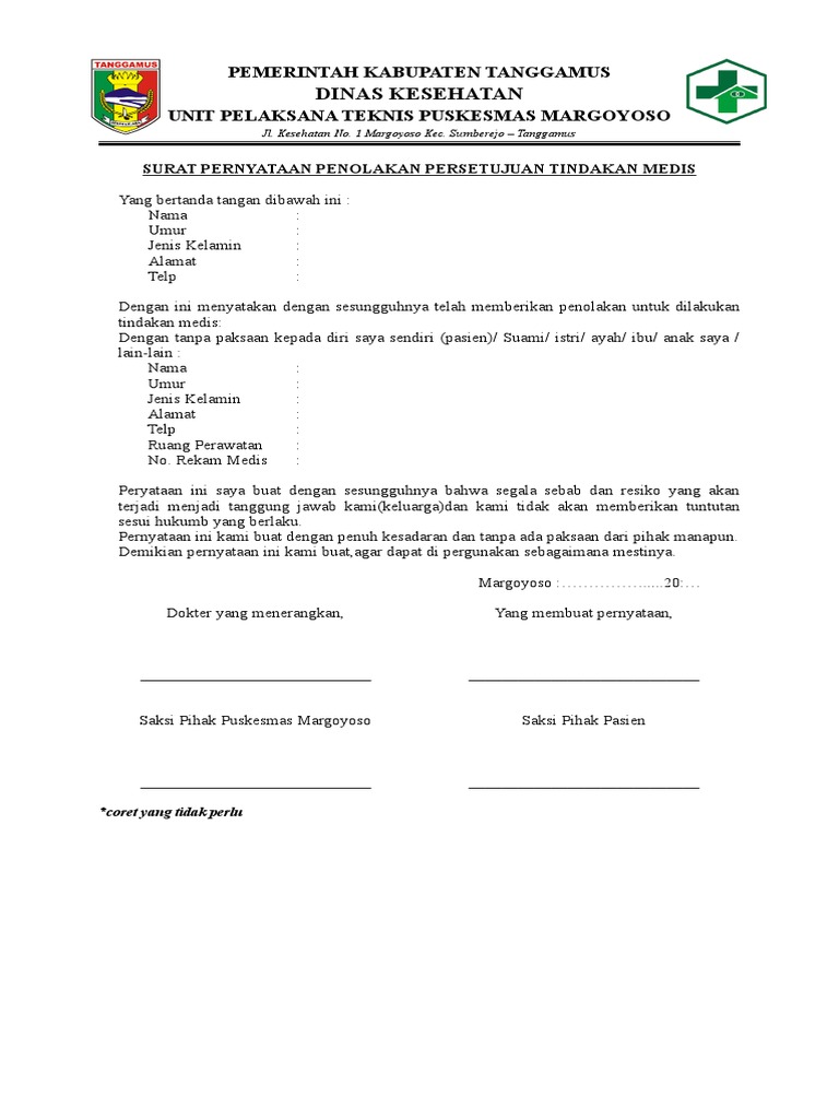Surat Pernyataan Penolakan Persetujuan Tindakan Medis | PDF