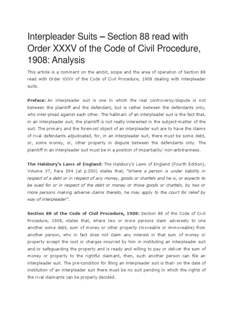 Interpleader Suits | PDF | Lawsuit | Separation Of Powers