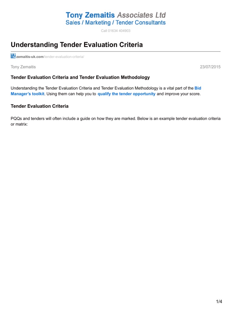 Tender Evaluation Criteria | PDF | Procurement | Evaluation