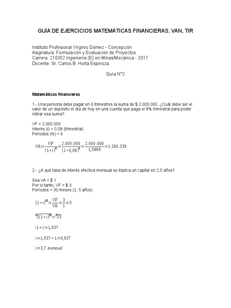 Ejercicios de Matemáticas Financieras: VAN y TIR | PDF | Finanzas ...