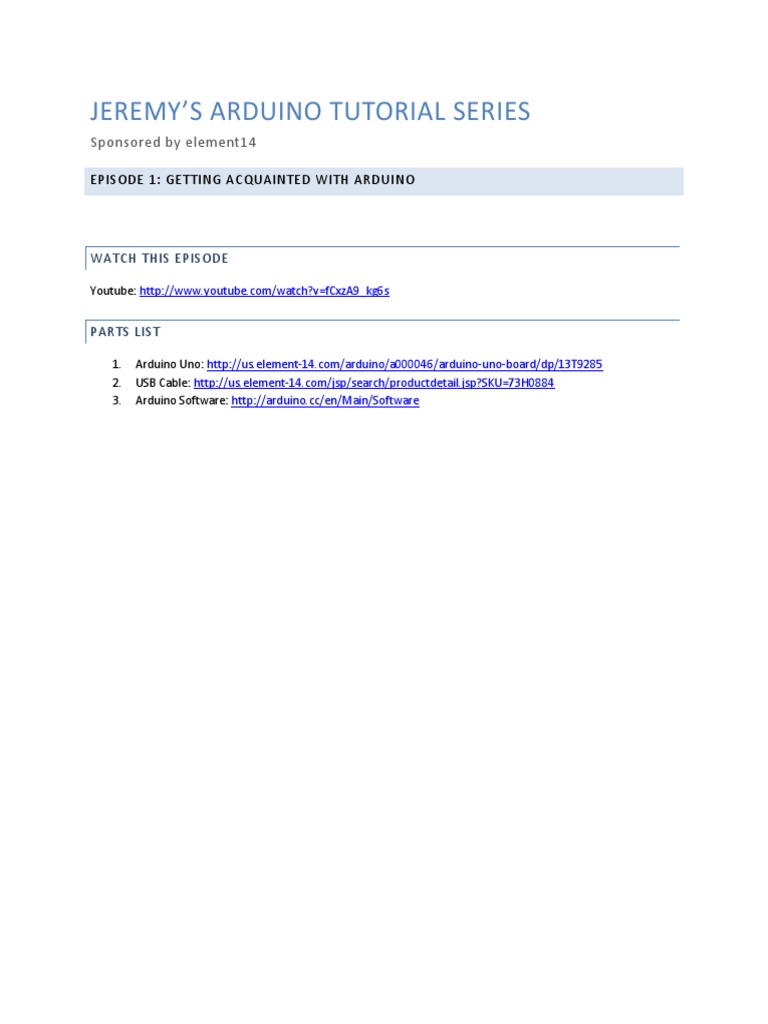 Jeremy'S Arduino Tutorial Series: Sponsored by Element14 | PDF