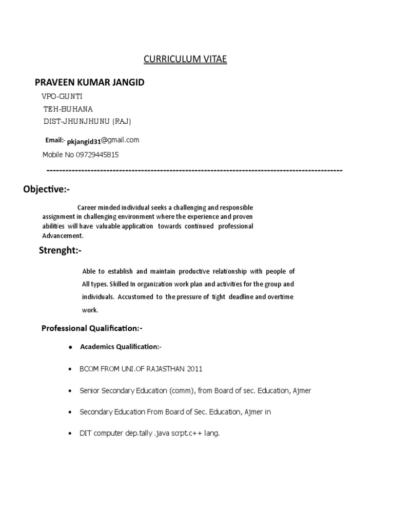 Praveen Kumar Jangid: Curriculum Vitae | PDF