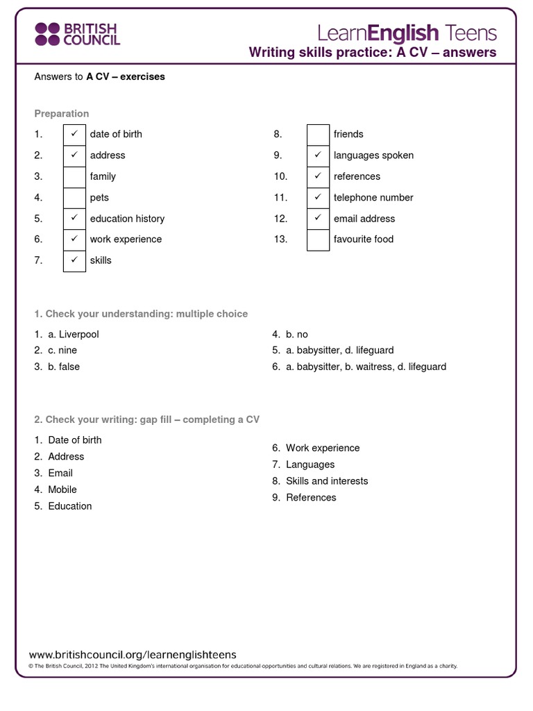 Writing Skills Practice: A CV - Answers: - Exercises | PDF