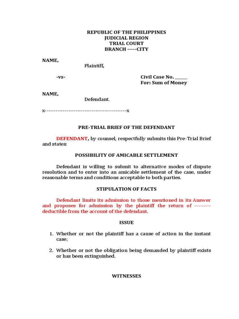 Pre-Trial Brief - Form | PDF | Brief (Law) | Settlement (Litigation)