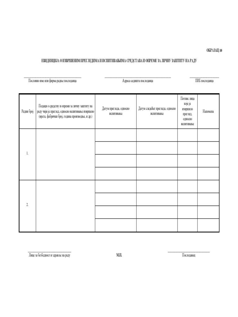 Obrazac 10 - Evidencija o Izvrsenim Pregledima I Ispitivanjima ...