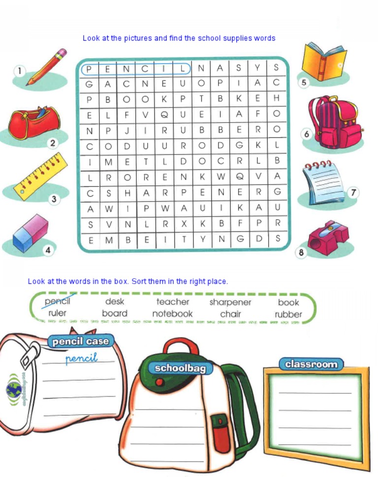 Look at The Pictures and Find The School Supplies Words | PDF