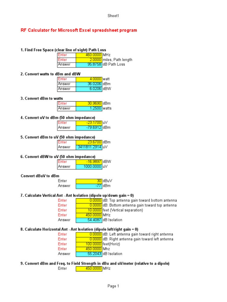 RF Calculator for Microsoft Excel spreadsheet program: Enter Enter ...