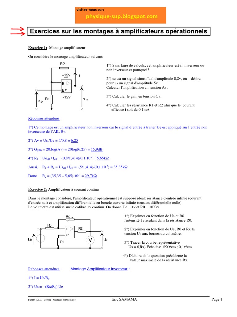 Exercices Corrigés sur Amplificateurs AOP | PDF | Amplificateur ...