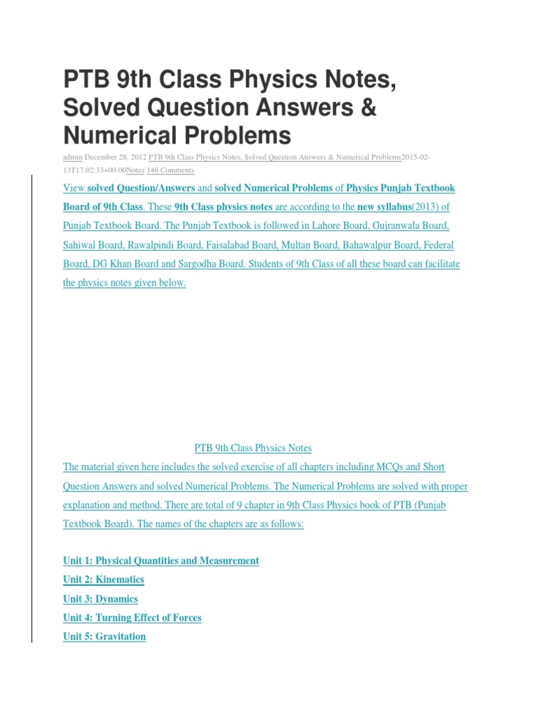 PTB 9th Class Physics Notes | PDF