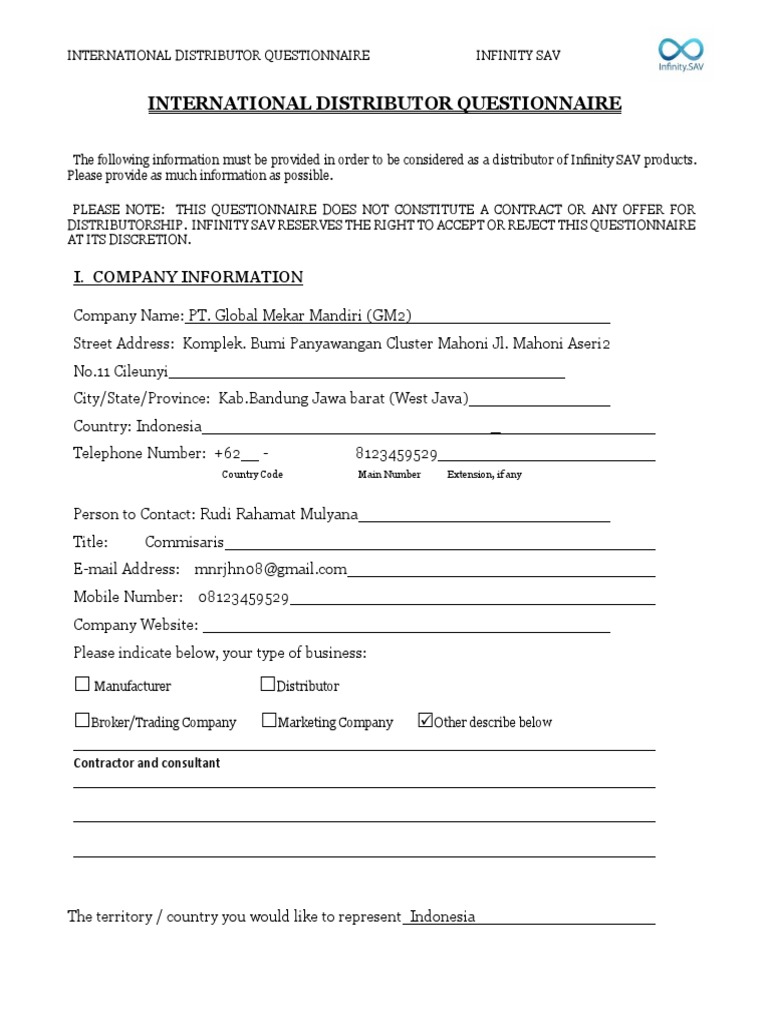 International Distributor Questionnaire: I. Company Information | PDF