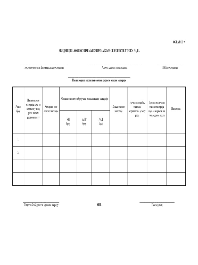 Obrazac 7 - Evidencija o Opasnim Materijama Koje Se Koriste u Toku Rada