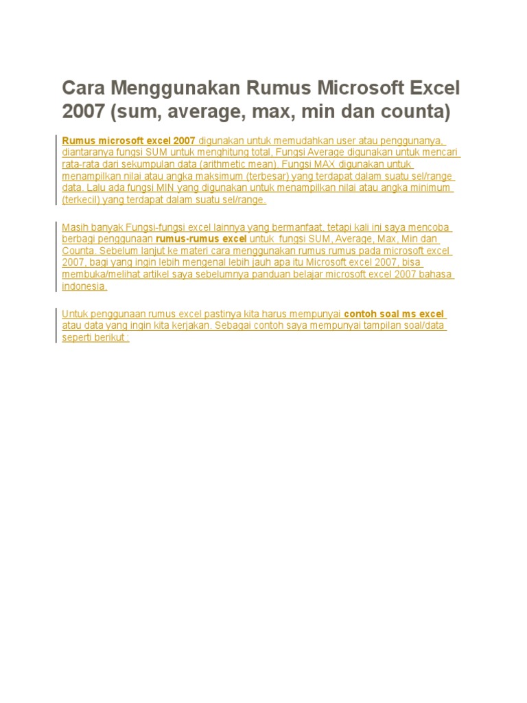 Panduan Rumus Excel: SUM, AVERAGE, MAX, MIN | PDF
