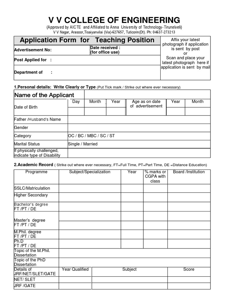 V V College of Engineering: Application Form For Teaching Position ...
