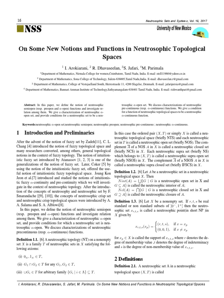 On Some New Notions and Functions in Neutrosophic Topological Spaces | PDF | Continuous Function ...