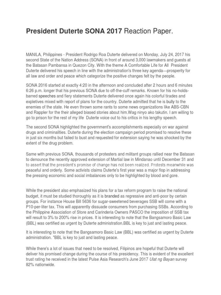 President Duterte SONA 2017 Reaction Paper | PDF | Rodrigo Duterte ...