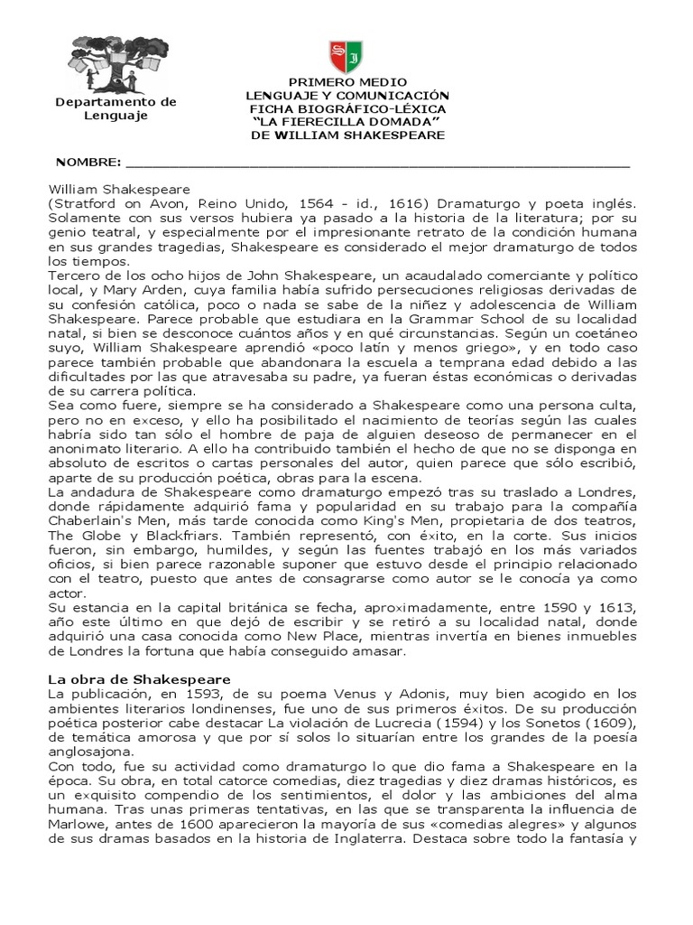 Ficha Léxica La Fierecilla | PDF | William Shakespeare | Teatro