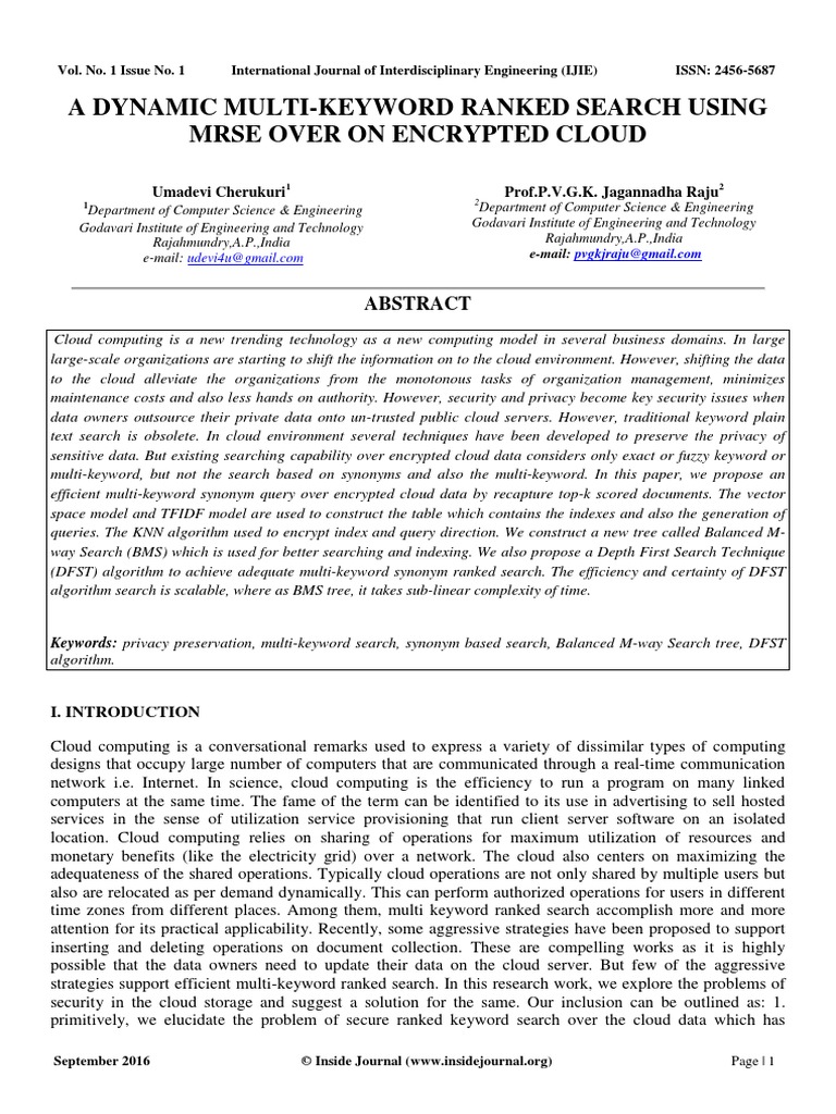 A Dynamic Multi-Keyword Ranked Search Using Mrse Over On Encrypted Cloud | PDF | Search Engine ...