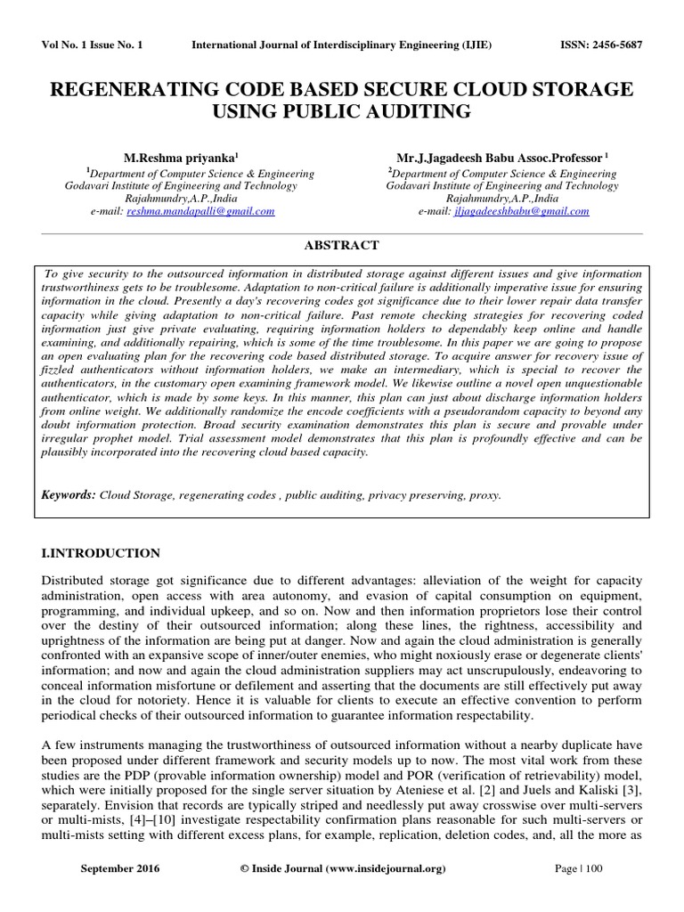 Regenerating Code Based Secure Cloud Storage Using Public Auditing ...