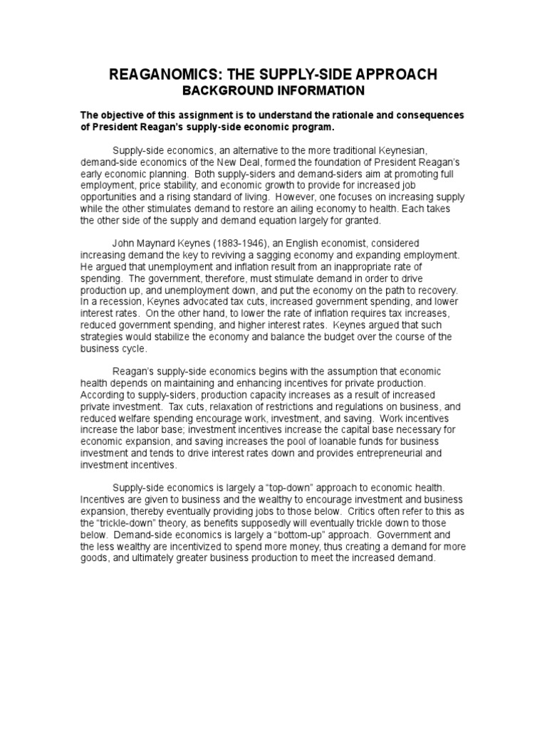 Reaganomics The Supply Side Approach Background Info | PDF | Supply ...