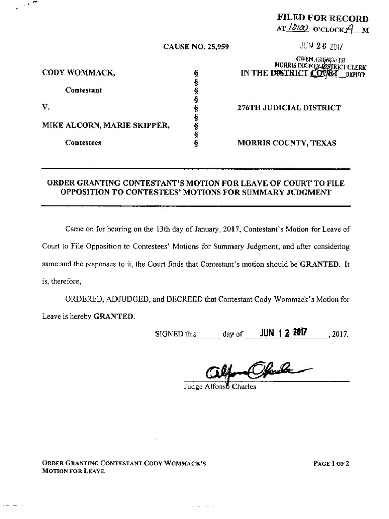 Motion For Leave of Court To File Opposition To Contestees Motion For ...