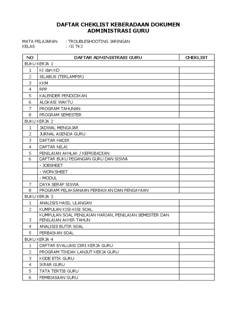 Daftar Cheklist Keberadaan Dokumen Administrasi Guru | PDF | Karier & Perkembangan