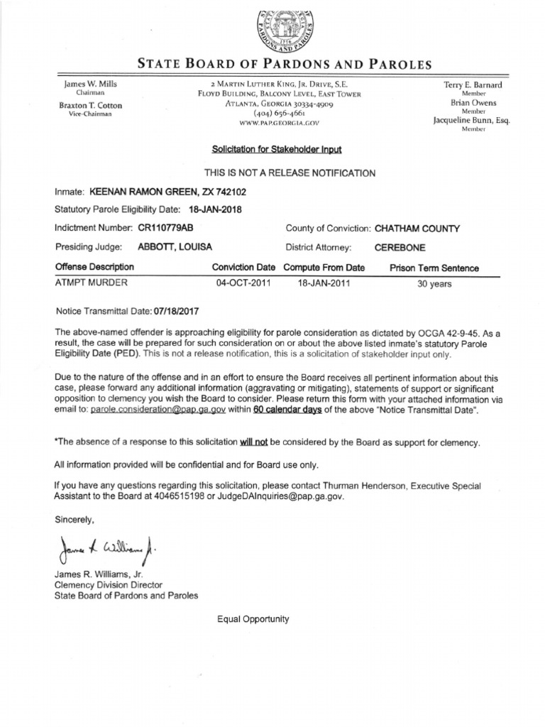 Keenan Green - Pardon and parole letter | Pardon | Public Law