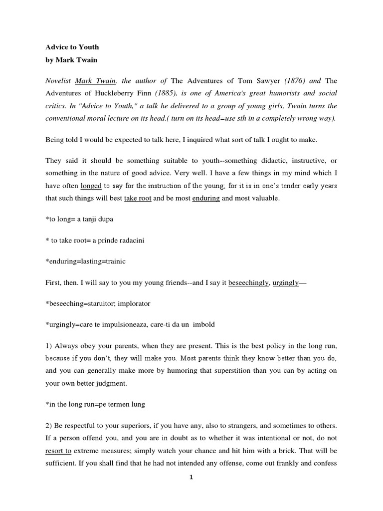 Advice To Youth Mark Twain | PDF | Mark Twain