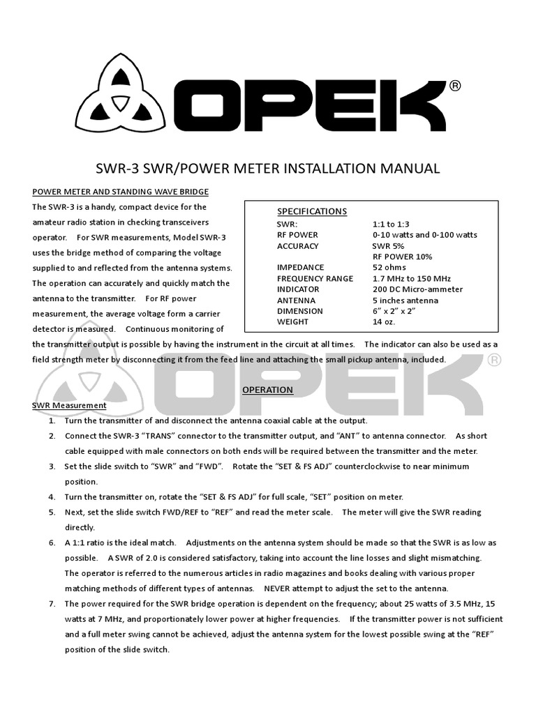 SWR-3 power meter installation guide | PDF | Antenna (Radio) | Electricity