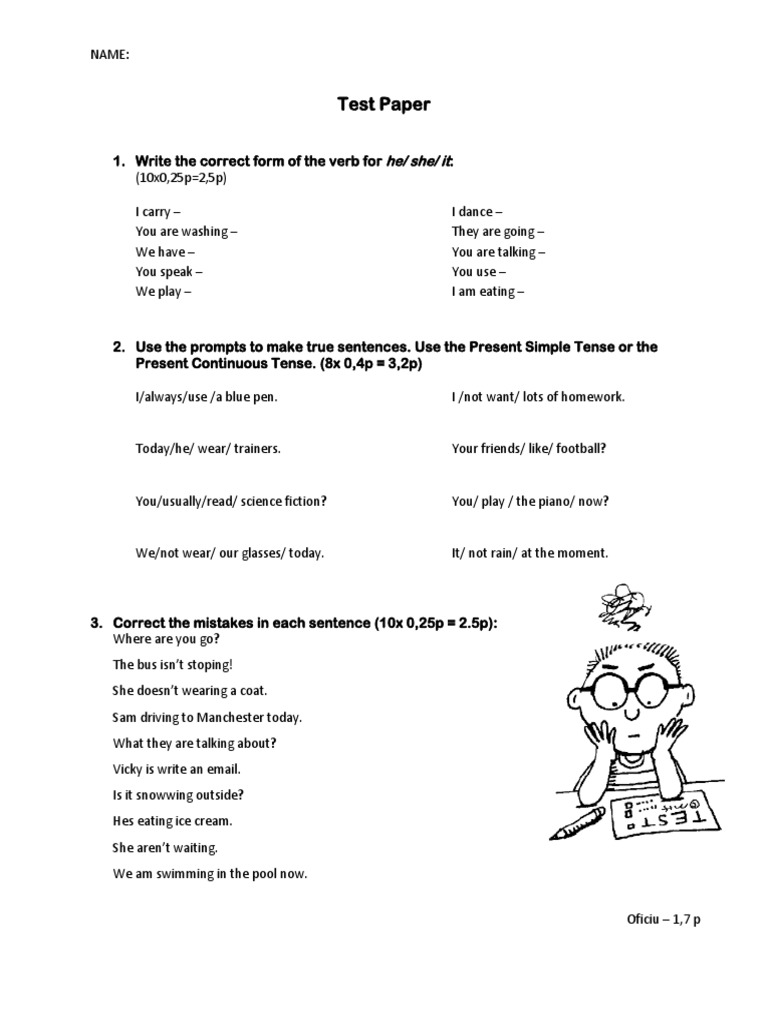 Test Paper: 1. Write The Correct Form of The Verb For | PDF
