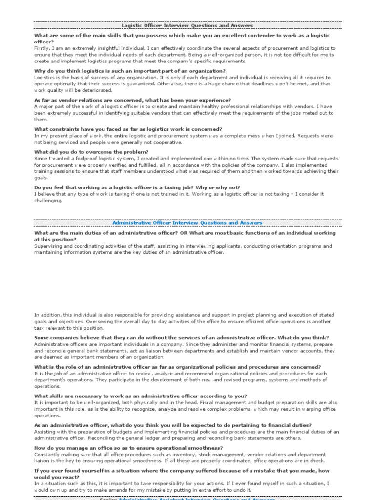 Logistic & Admin Officer Interview Questions and Answers | PDF | Cargo ...