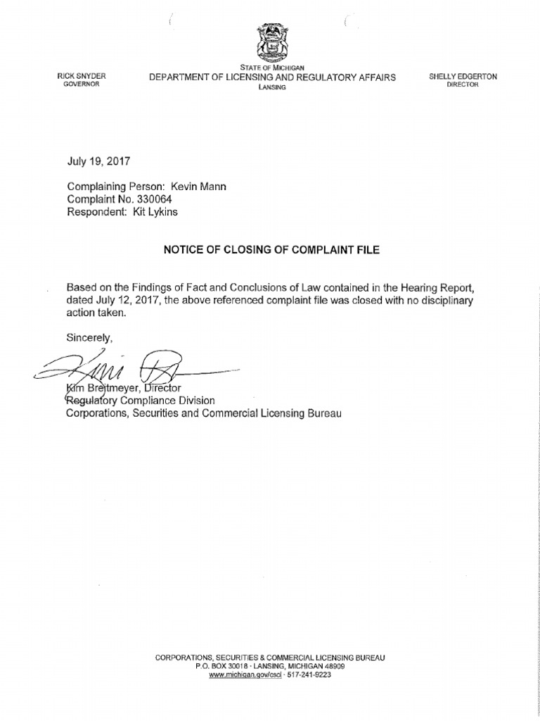 State of Michigan Case Against Kit Lykins, Resulting in No Charges | PDF