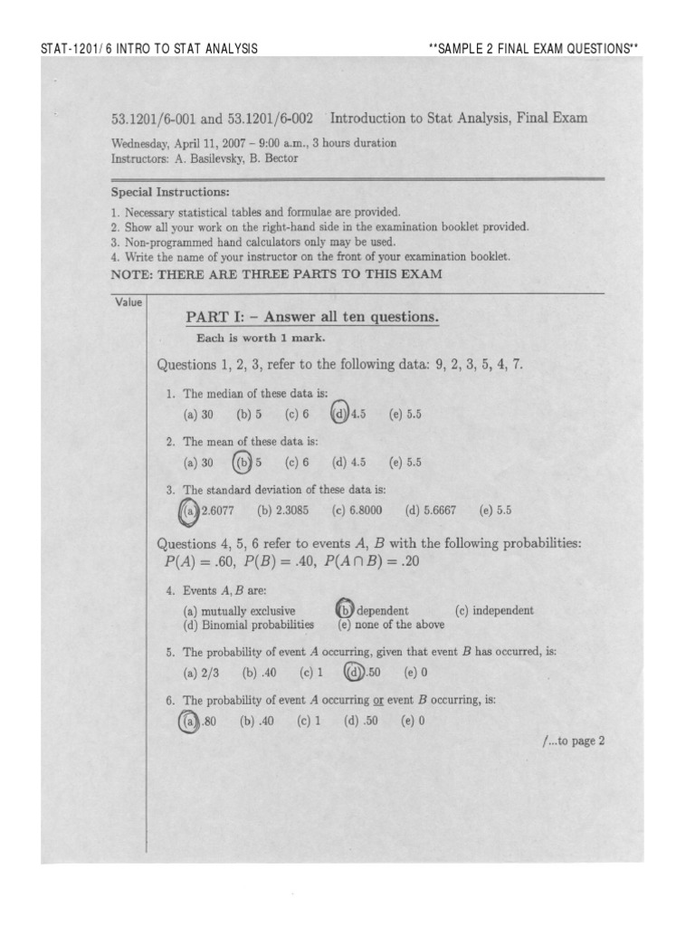 STAT-1201 Sample Final Exam Questions | PDF